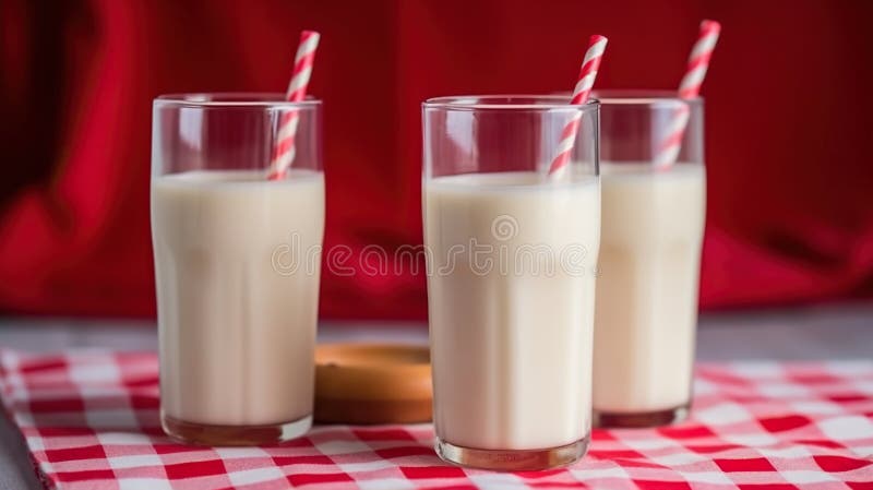 Refreshing Duo Two Glasses of Milk with a Red and White Straw, a ...