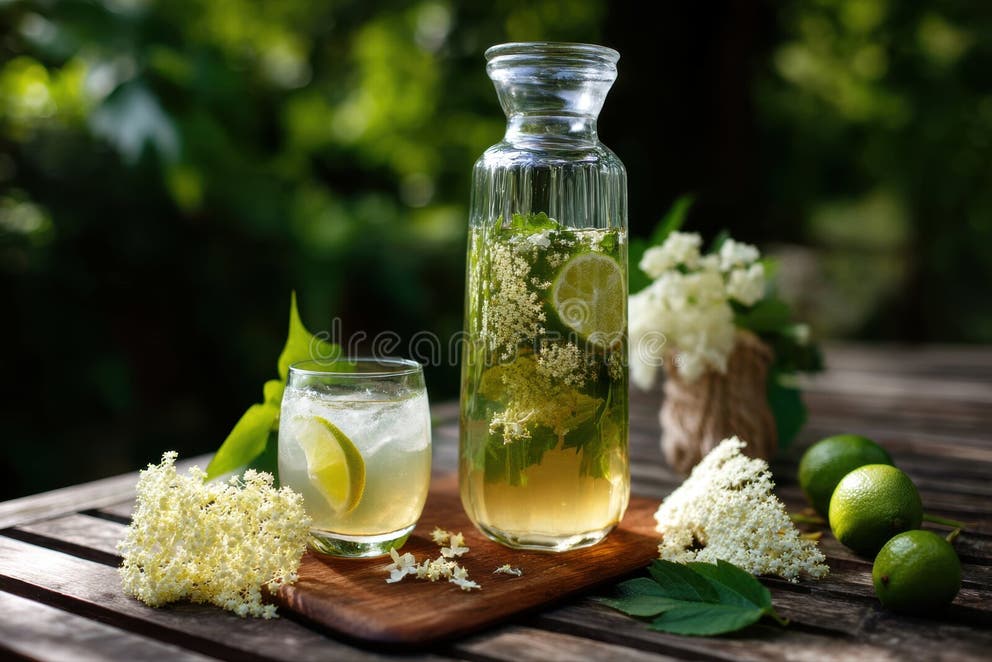 Refreshing Elderflower Mocktail Arrangement on Rustic Outdoor Table ...