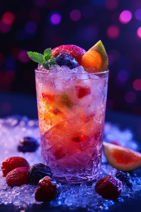 Refreshing Fruit Cocktail Garnished with Fresh Berries and Mint on Ice ...