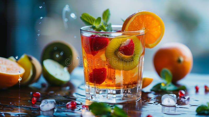 Refreshing Fruit Cocktail with Splashing Water and Fresh Ingredients ...