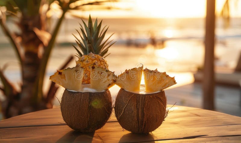 Refreshing Fruit Cocktails Served in Coconut Shells with Pineapple ...