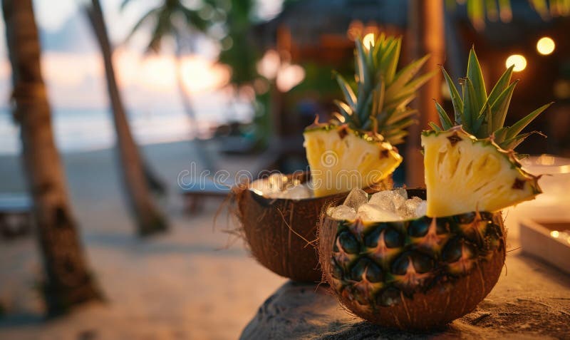 Refreshing Fruit Cocktails Served in Coconut Shells with Pineapple ...