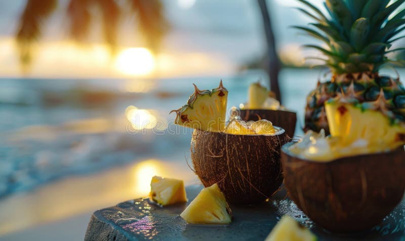 Refreshing Fruit Cocktails Served in Coconut Shells with Pineapple ...
