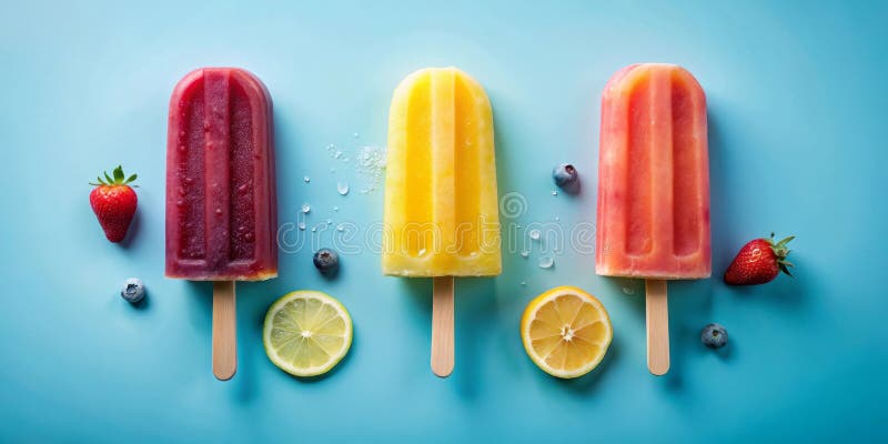 Refreshing Fruit Ice Pops on a Blue Background. Generative AI Stock ...