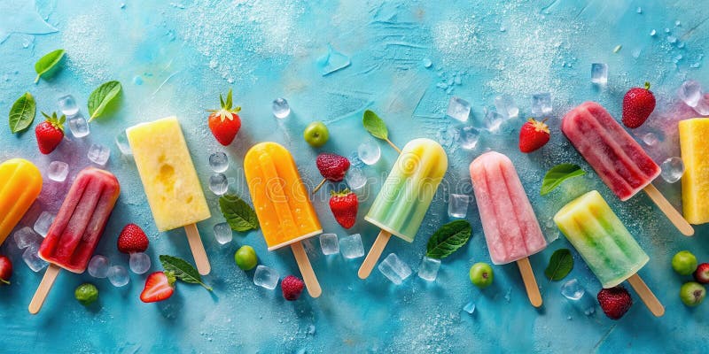Refreshing Fruit Ice Pops on a Blue Background. Generative AI Stock ...