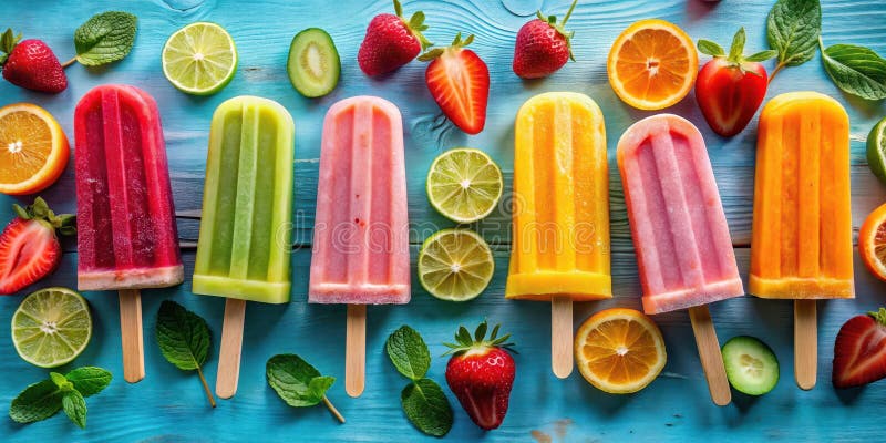 Refreshing Fruit Ice Pops on a Blue Wooden Surface. Generative AI Stock ...