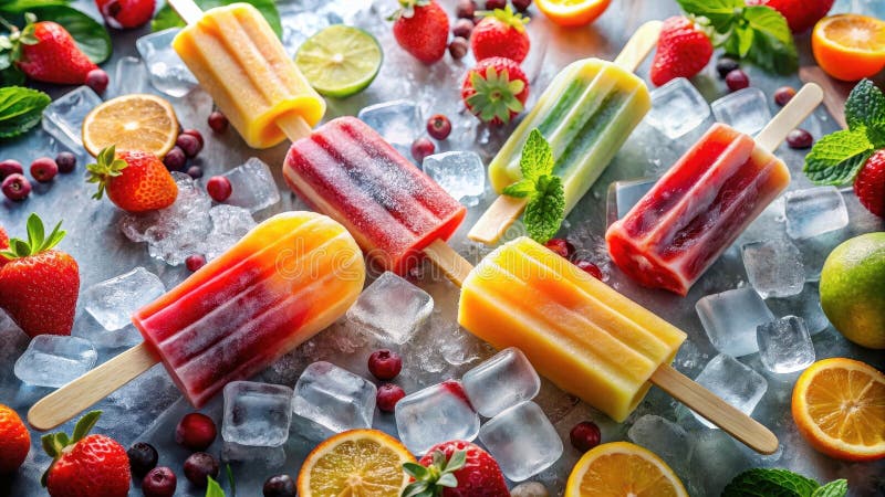 Refreshing Fruit Ice Pops on Ice with Citrus and Berries. Generative AI ...
