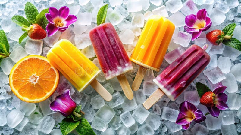 Refreshing Fruit Ice Pops on Ice with Flowers. Generative AI Stock ...