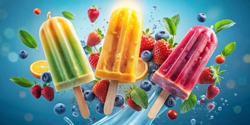 Refreshing Fruit Ice Popsicles Splashing in a Summery Scene. Generative ...