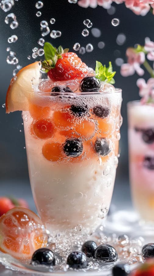 Refreshing Fruit Infused Beverage with Bubbles and Fresh Summer Berries ...