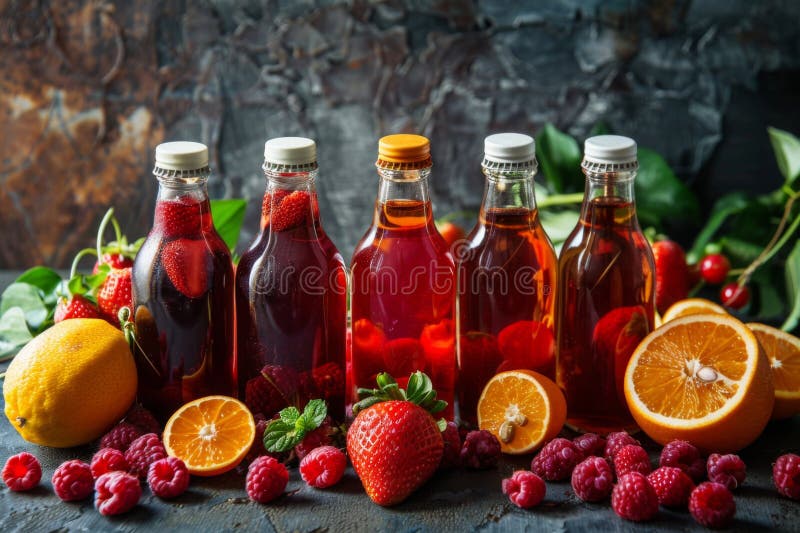Refreshing Fruit-infused Beverages Displayed on a Textured Surface with ...