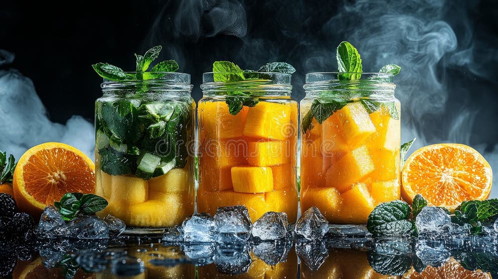 Refreshing Fruit Infused Drinks on Ice Stock Image - Image of recipe ...