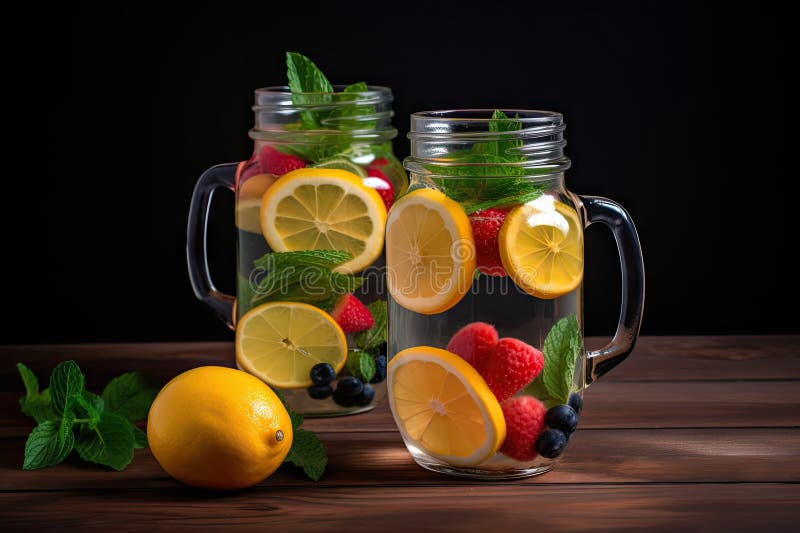 Refreshing Fruit-infused Water with Lemon and Mint Stock Illustration ...