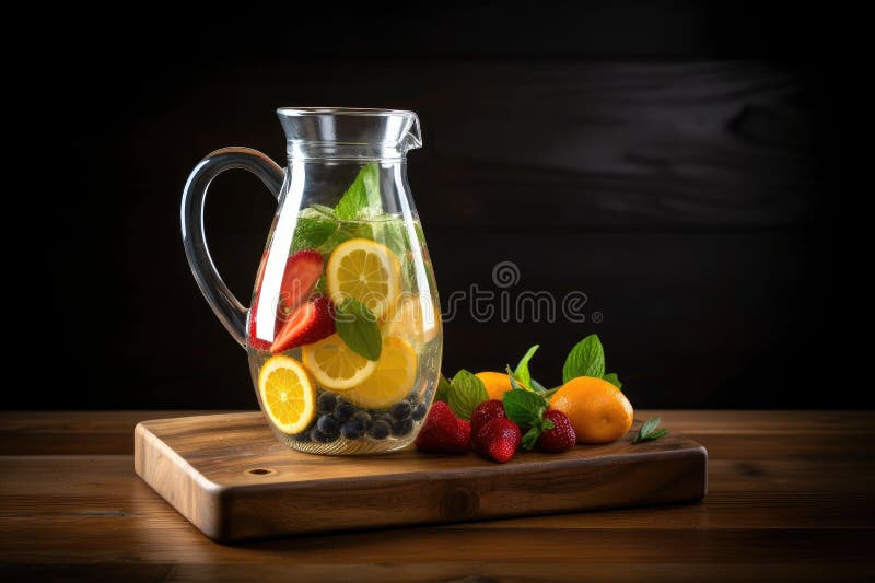 Refreshing Fruit-infused Water Pitcher on Wooden Table Stock ...