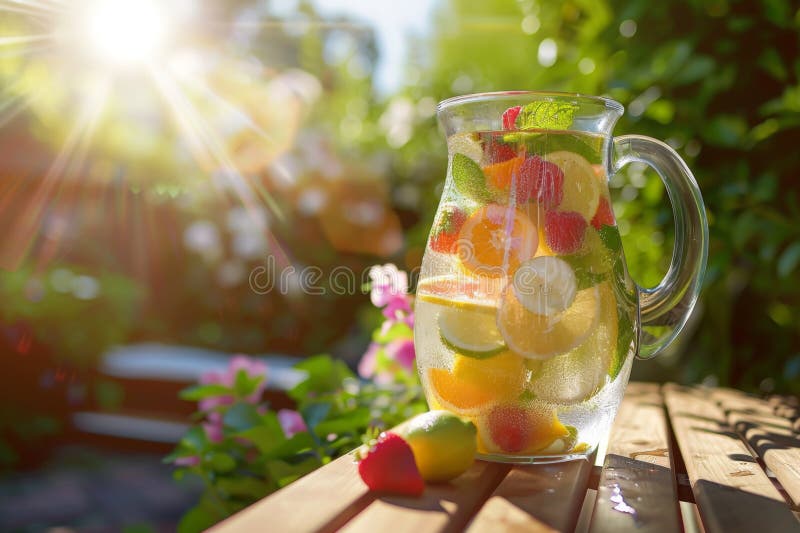 Refreshing Fruit-Infused Water Setup on a Sunny Patio Stock ...