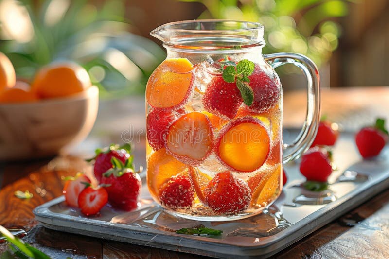 Refreshing Fruit-Infused Water Setup on a Sunny Patio Stock ...