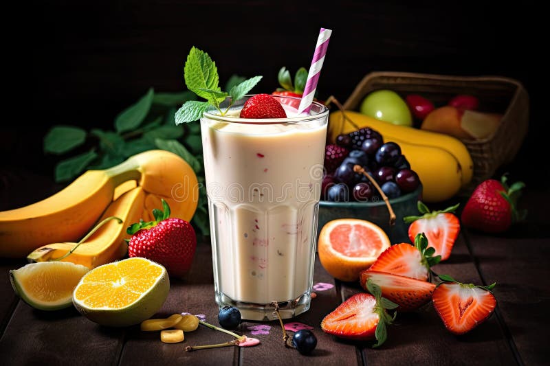 Refreshing Fruit Milkshake with Pieces of Fresh Fruit Stock Image ...