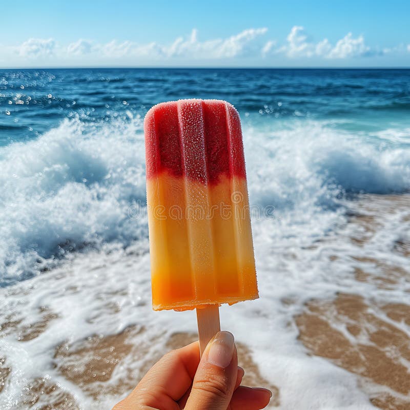 Refreshing Fruit Popsicle on the Beach with Ocean Background Stock ...