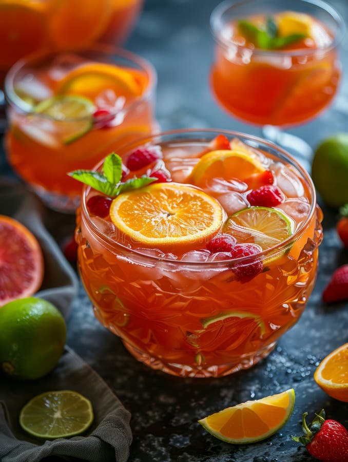 Refreshing Fruit Punch with Citrus Slices and Strawberries Stock Photo ...