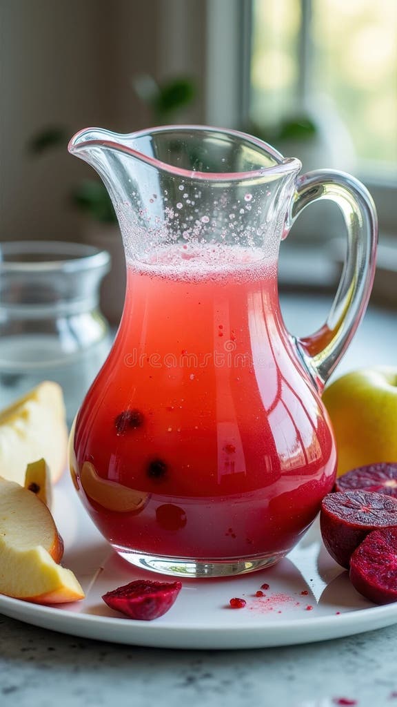 Refreshing Fruit Punch in Glass Pitcher with Sliced Apples and Plums ...