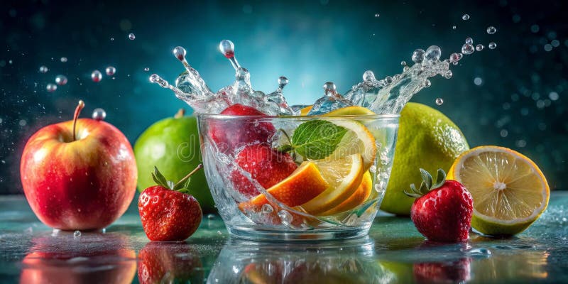 Refreshing Fruit Splash in Glass Bowl with Water Droplets. Generative ...