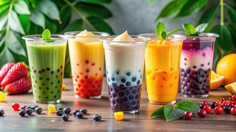 Refreshing Fruit Tea Drinks with Boba Pearls in Plastic Cups ...