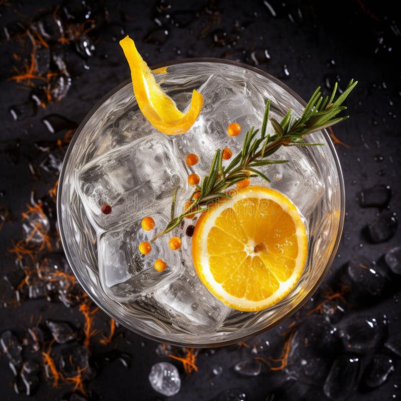 Refreshing Gin Tonic Cocktail with Ice and Lemon, Top View on Beautiful ...