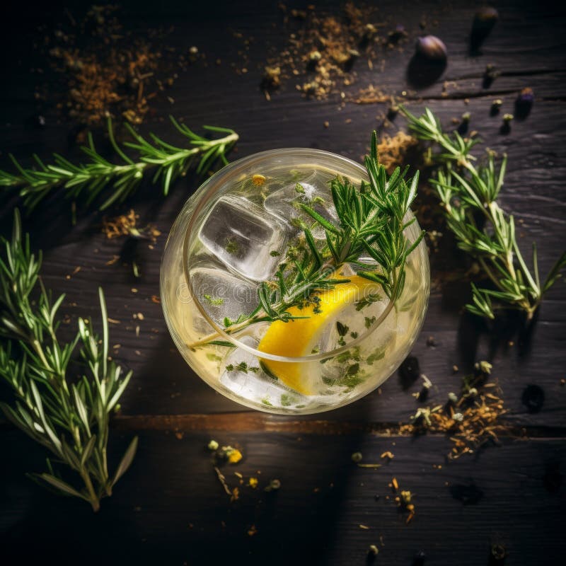 Refreshing Gin Tonic with Ice and Lemon on Elegant Backdrop, Top View ...