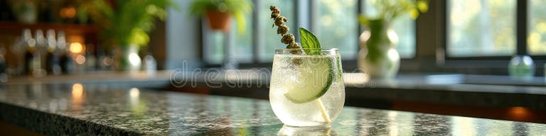 Refreshing Gin and Tonic with Lime and Herbs on Sunlit Bar Counter ...
