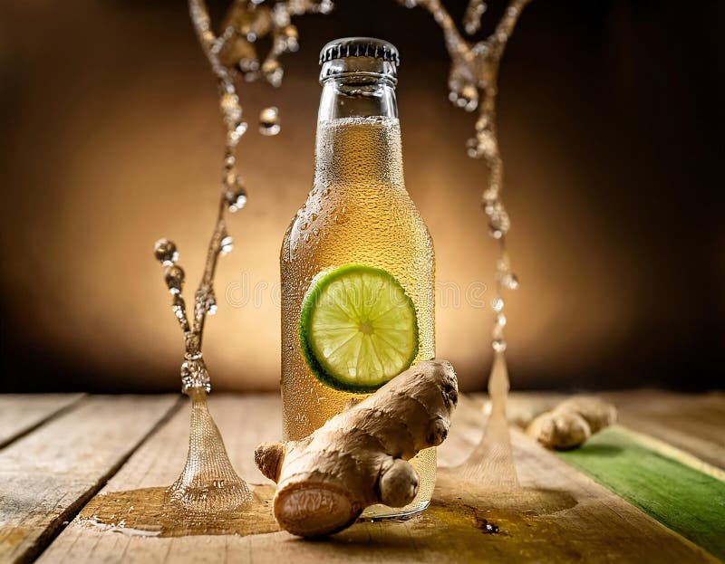 A Refreshing Ginger Beer Bottle with Lime Slices and Ginger Root Stock ...