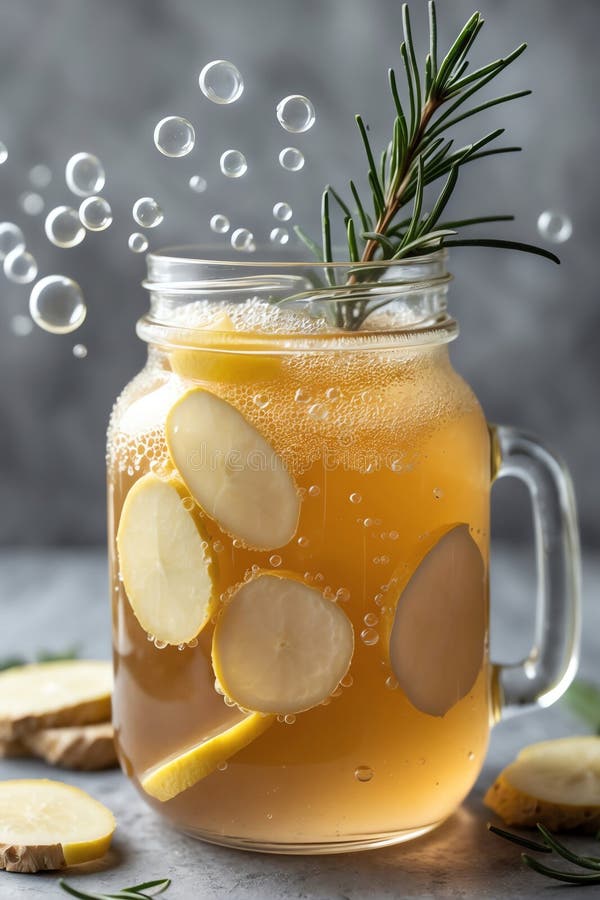 A Refreshing Ginger Drink Garnished with Rosemary and Bubbles in a ...