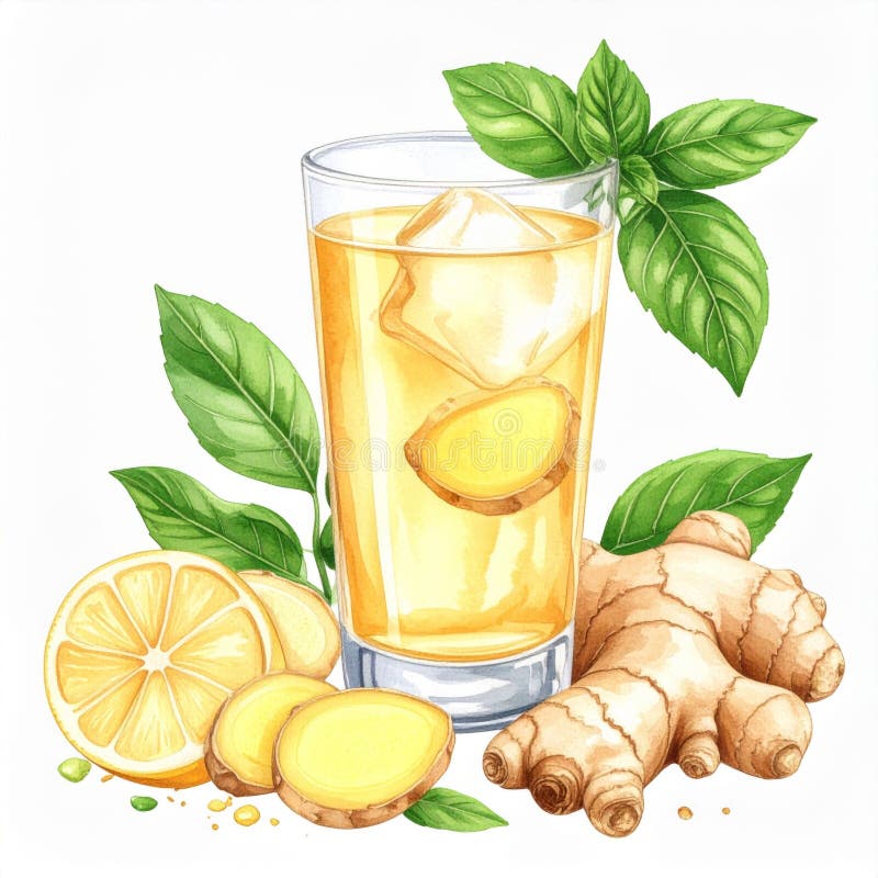 Refreshing Ginger Lemon Iced Tea Watercolor Illustration Stock ...
