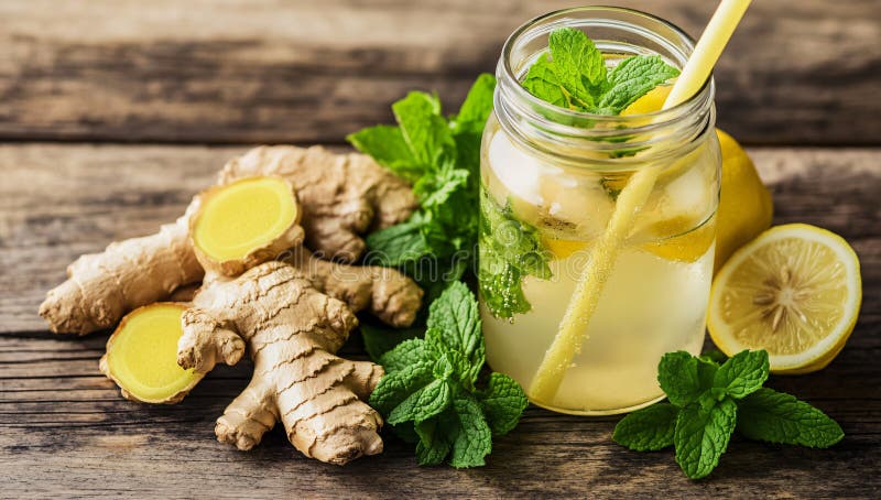 Refreshing Ginger, Lemon & Mint Drink in Jar Stock Illustration ...