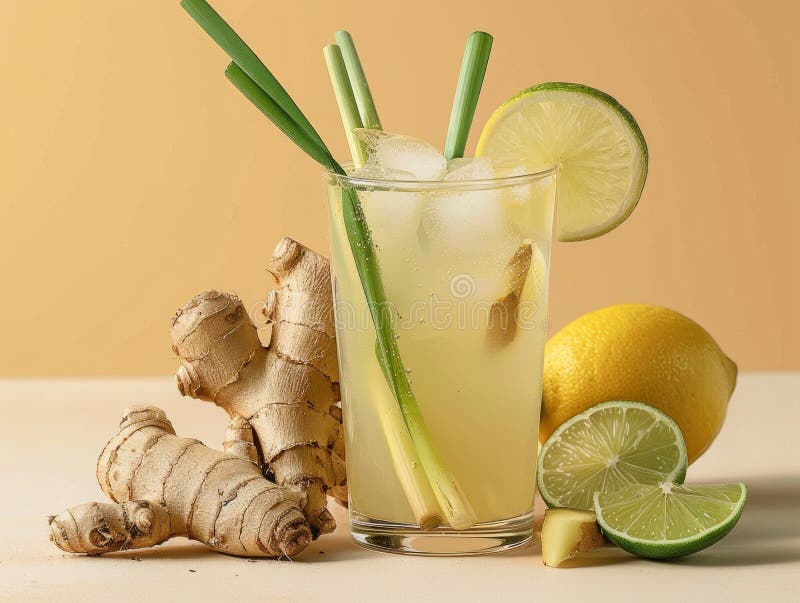 Refreshing Ginger Lemonade in a Glass with Ice, Fresh Ginger Root, and ...