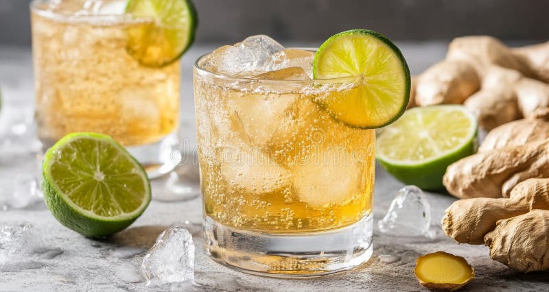 Refreshing Ginger Lime Drink with Ice and Lime Slices on a Table with ...