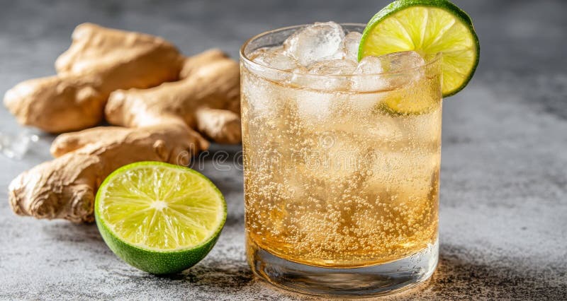 Refreshing Ginger Lime Drink with Ice and Lime Slices on a Table with ...