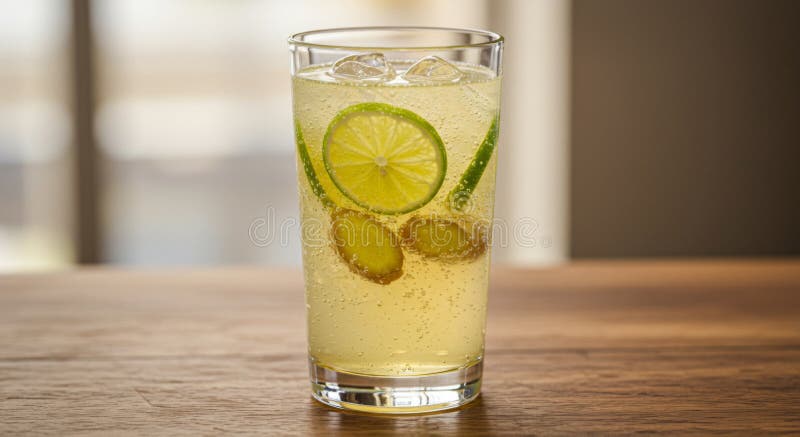 Refreshing Ginger Lime Fizz in Glass on Wooden Table Stock Illustration ...