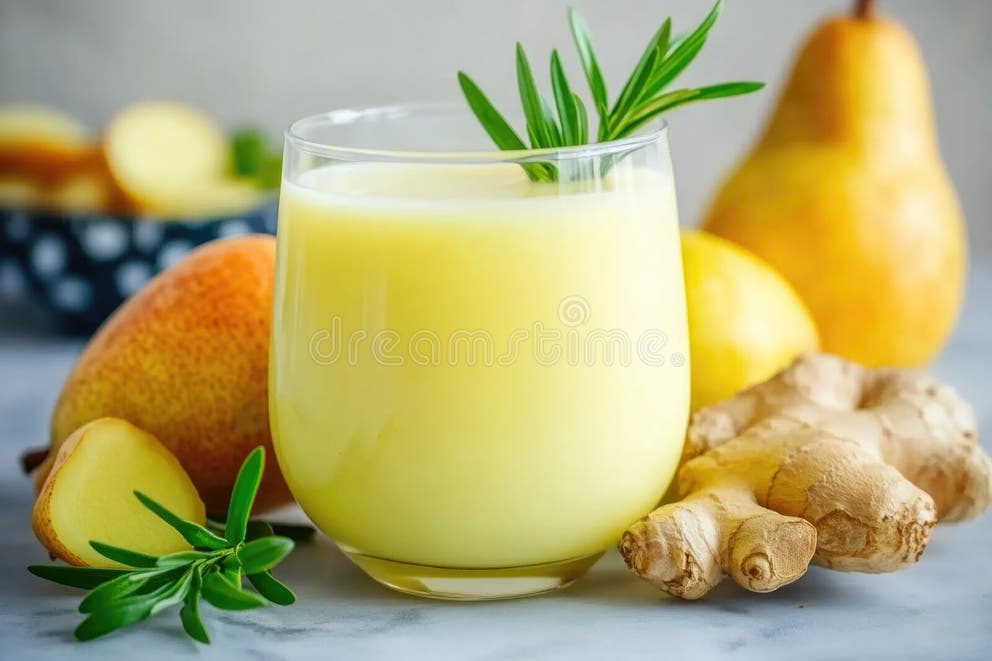 Refreshing Ginger and Pear Juice with Fresh Ingredients on Marble ...