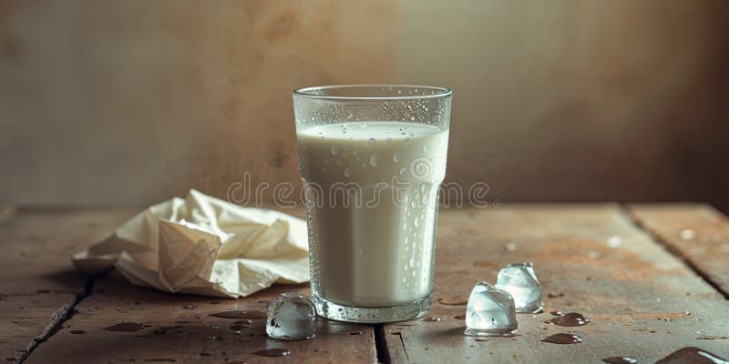Refreshing Glass of Cold Milk with Ice on a Wooden Table in Cozy ...