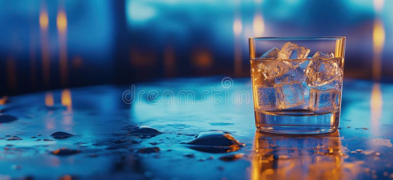 Refreshing Glass of Ice-cold Beverage with Ice Cubes on a Wet Surface ...