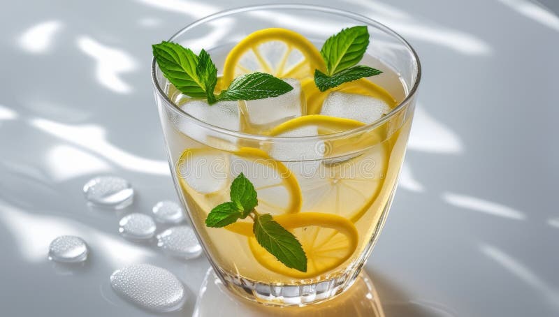 Refreshing Lemon and Mint Infused Water with Ice on a Bright Surface ...