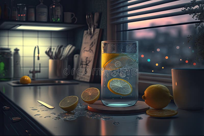 Refreshing Glass of Lemonade on the Kitchen Counter at Night Stock ...