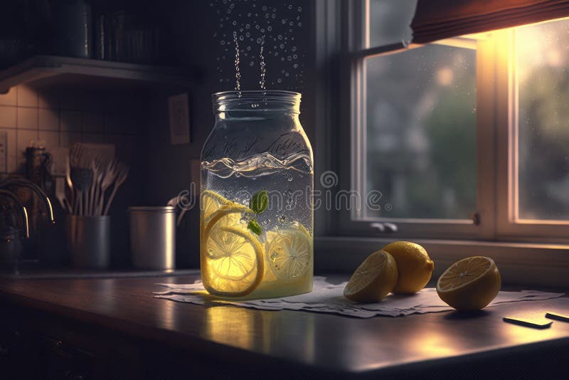 Refreshing Glass of Lemonade on the Kitchen Counter at Night Stock ...