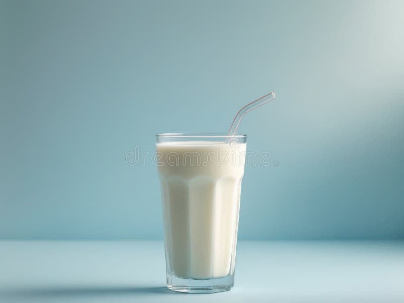 Refreshing Glass of Milk with Straw on Light Blue Background. Stock ...