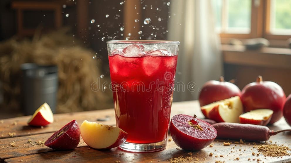 Refreshing Glass of Red Apple Juice with Ice and Sliced Apples on ...