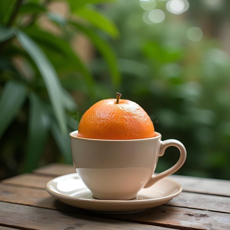 Refreshing Grapefruit in Ceramic Cup on Wooden Table in Tropical Garden ...
