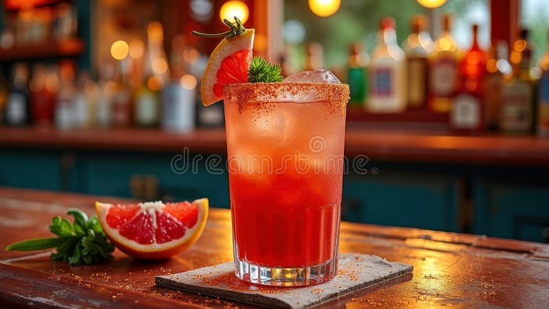 Refreshing Grapefruit Cocktail with Cayenne Pepper Rim in Cozy Bar ...
