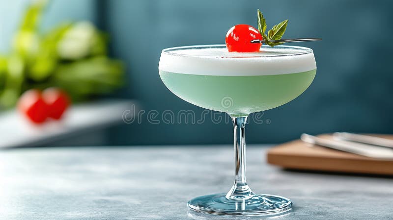 Refreshing Green Cocktail in Elegant Glass with Cherry Garnish and Mint ...