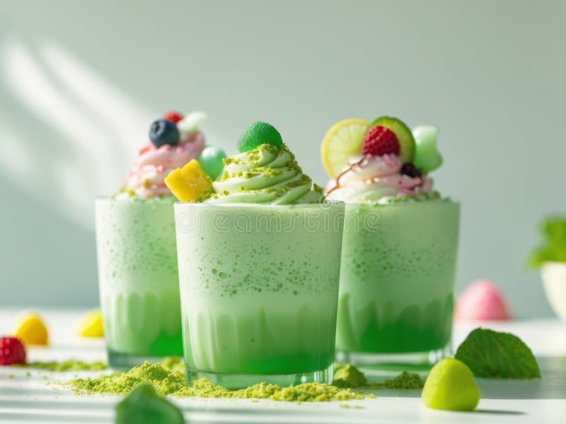 Refreshing Green Dessert Beverage with Toppings. Stock Image - Image of ...