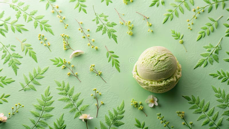 Refreshing Green Ice Cream Scoop Surrounded by Delicate Springtime ...
